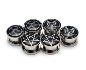 mystic metals body jewelry set of 3 pairs screw on baphomet pentagram plugs - all 3 pairs included (9/16" (14mm))