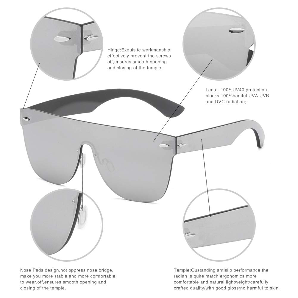 2020 VentiVenti Rimless Sunglasses For Women Men One Piece Square Oversize Mirror Lens Anti Reflective Silver Revo