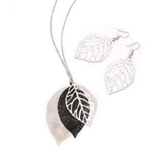 nvenf leaves earrings and long necklaces set multi tiered leaf pendant necklace fashion statement earrings metal sparkling modern jewelry sets (c silver & black)