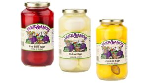 jake & amos pickled eggs variety 3-pack 34 oz. jars: red beet eggs, pickled eggs, jalapeño eggs