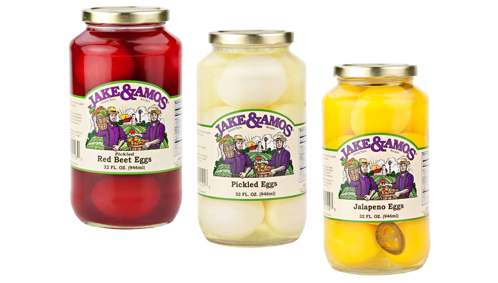 Jake & Amos Pickled Eggs Variety 3-Pack 34 oz. Jars: Red Beet Eggs, Pickled Eggs, Jalapeño Eggs