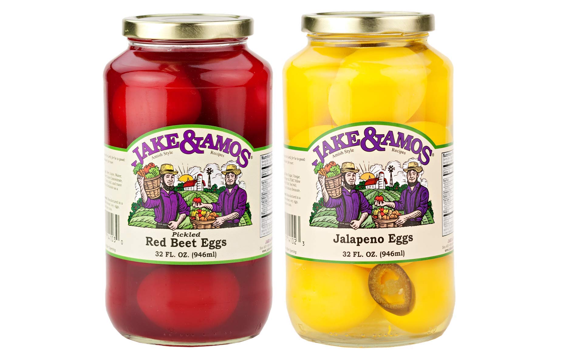 Jake & Amos Pickled Eggs Variety 2-Pack- Economy Size 34 oz. Jars (Red Beet & Jalapeno)