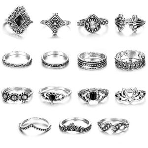 hithop 15pcs vintage women mid ring set flower crown rhinestone joint knuckle nail ring set