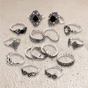 Hithop 15pcs Vintage Women Mid Ring Set Flower Crown Rhinestone Joint Knuckle Nail Ring Set