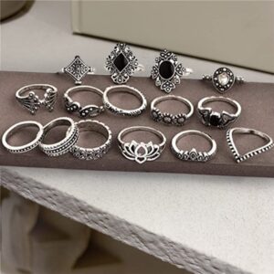 Hithop 15pcs Vintage Women Mid Ring Set Flower Crown Rhinestone Joint Knuckle Nail Ring Set