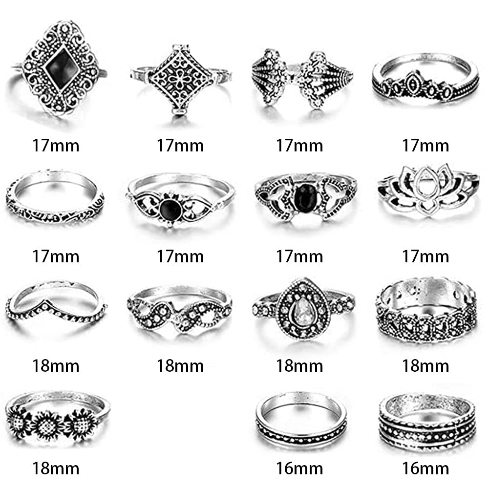 Hithop 15pcs Vintage Women Mid Ring Set Flower Crown Rhinestone Joint Knuckle Nail Ring Set