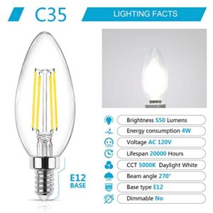 Ascher E12 Candelabra LED Light Bulbs 60 Watt Equivalent, 550 Lumen, Daylight White 5000K, Clear LED Filament Candle Bulbs, Non-Dimmable, Pack of 5