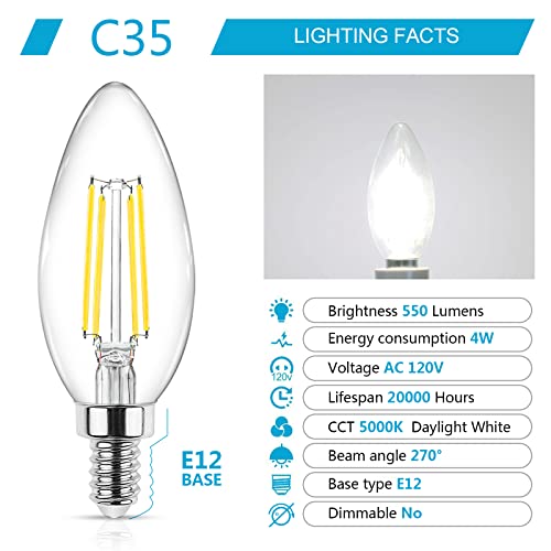 Ascher E12 Candelabra LED Light Bulbs 60 Watt Equivalent, 550 Lumen, Daylight White 5000K, Clear LED Filament Candle Bulbs, Non-Dimmable, Pack of 5