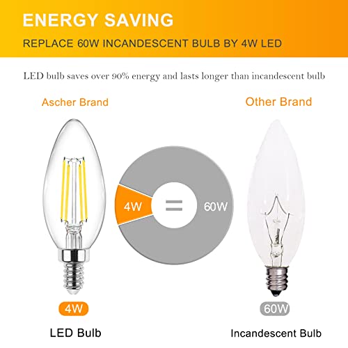 Ascher E12 Candelabra LED Light Bulbs 60 Watt Equivalent, 550 Lumen, Daylight White 5000K, Clear LED Filament Candle Bulbs, Non-Dimmable, Pack of 5