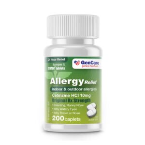 gencare - cetirizine hcl 10 mg (200 caplets) - 24 hour allergy relief pills - non drowsy generic otc allergy medication - antihistamine medicine for sneezing, runny nose & itchy eyes - generic zyrtec