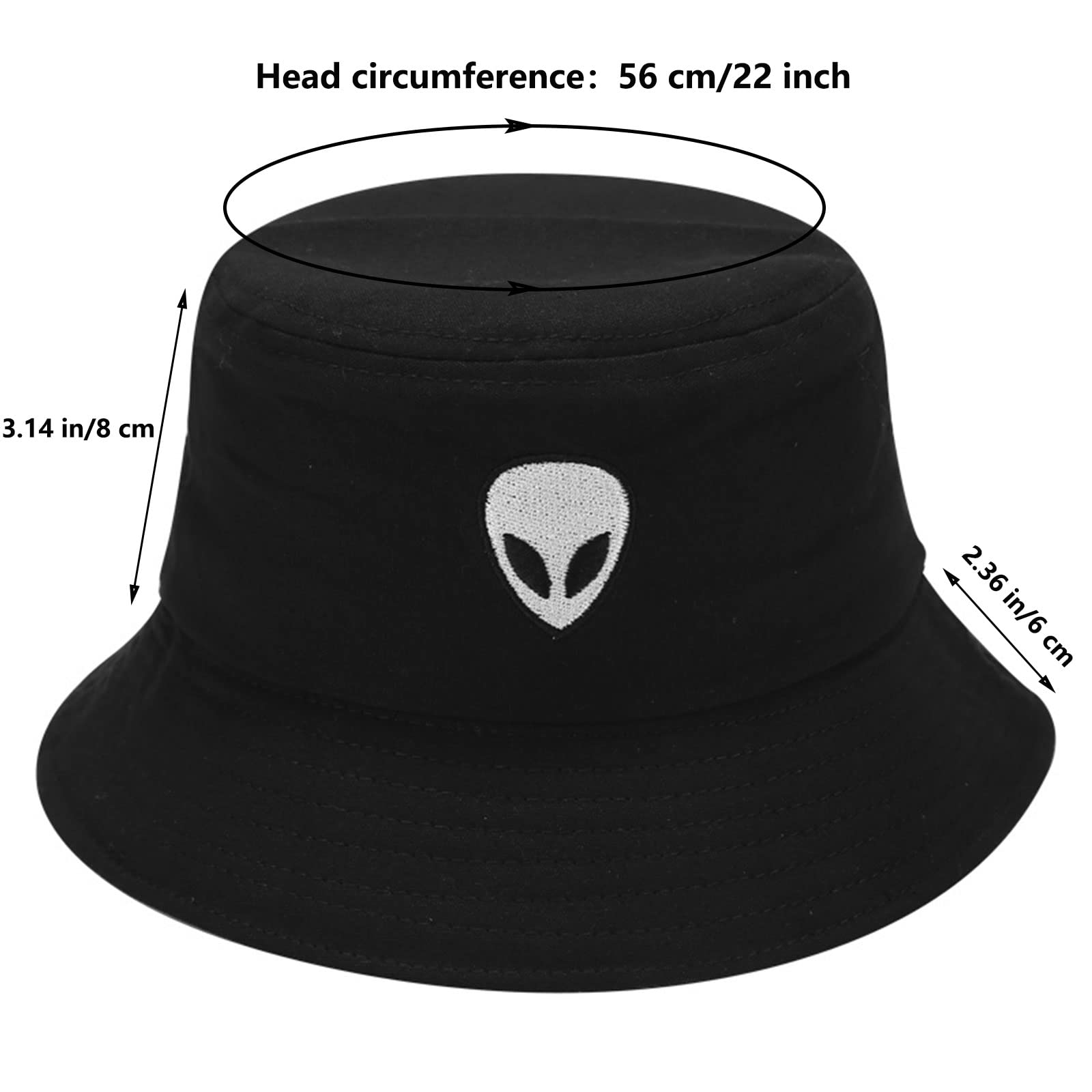 Alien Embroidered Bucket Hat Packable Fisherman Cap Unisex Outdoor Hat Trendy Sun Hats, Black