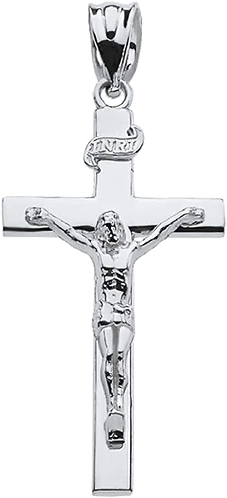 10K White Gold Catholic Linear Cross INRI Crucifix Pendant Charm - 1.18" (S)