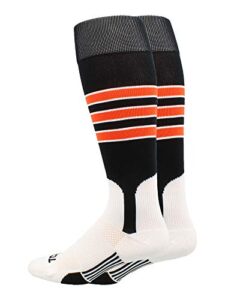 madsportsstuff baseball stirrup socks 3 stripe (black/orange/white, small)