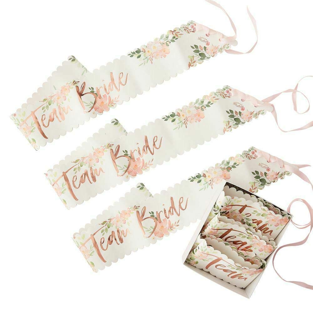 Ginger Ray Floral bachelorette Party Rose Gold Foiled Team Bride Sashes 6 Pack