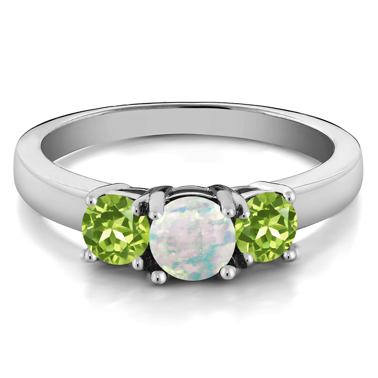 Gem Stone King 925 Sterling Silver Round Cabochon White Simulated Opal and Green Peridot Ring For Women (1.10 Cttw, Available In Size 5, 6, 7, 8, 9)