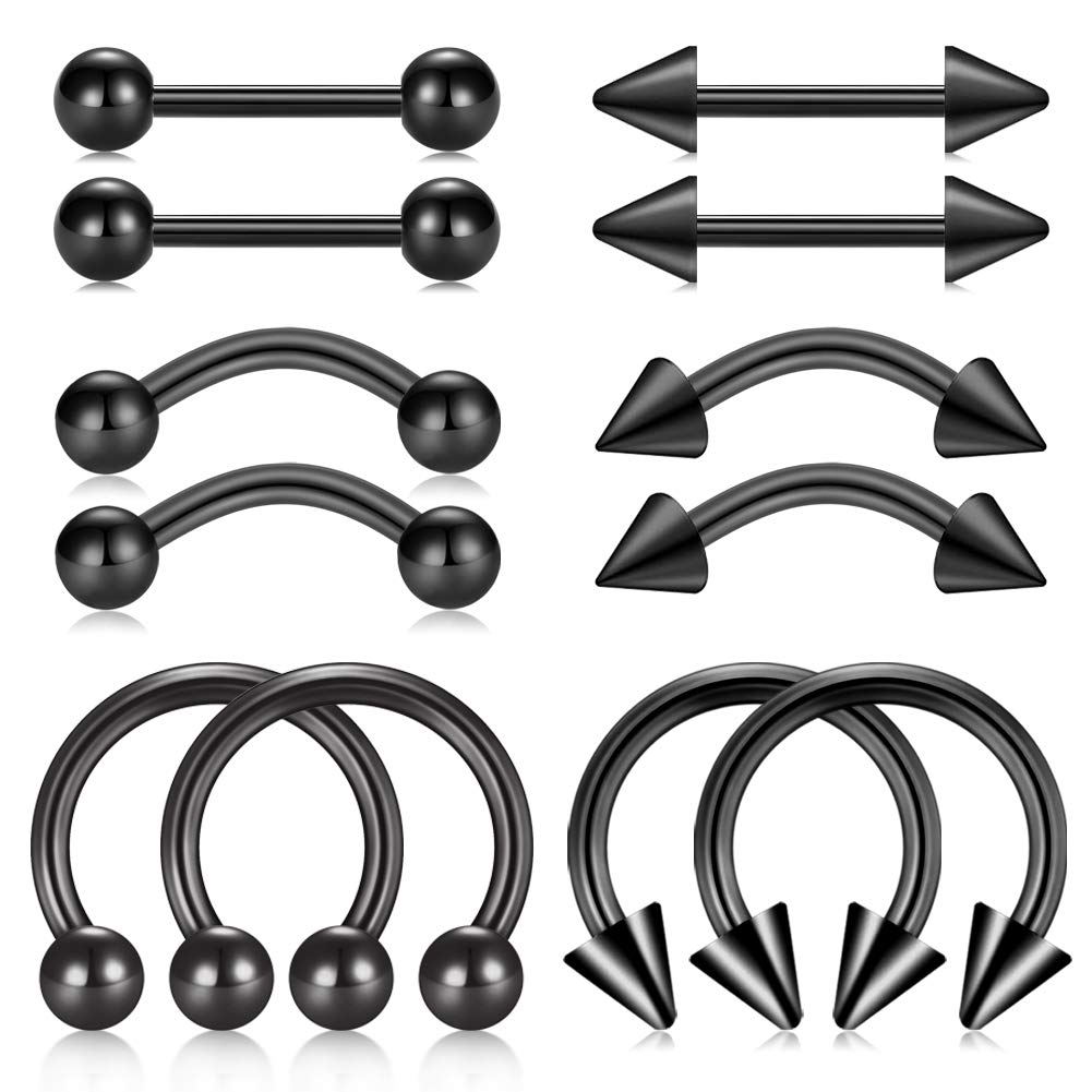 FECTAS 14G Straight Curved Horseshoe Barbells Snake Eyes Tongue Rings Nipplerings Belly Eyebrow Ring Silver Stainless Steel Piercing Jewelry Pack 12pcs