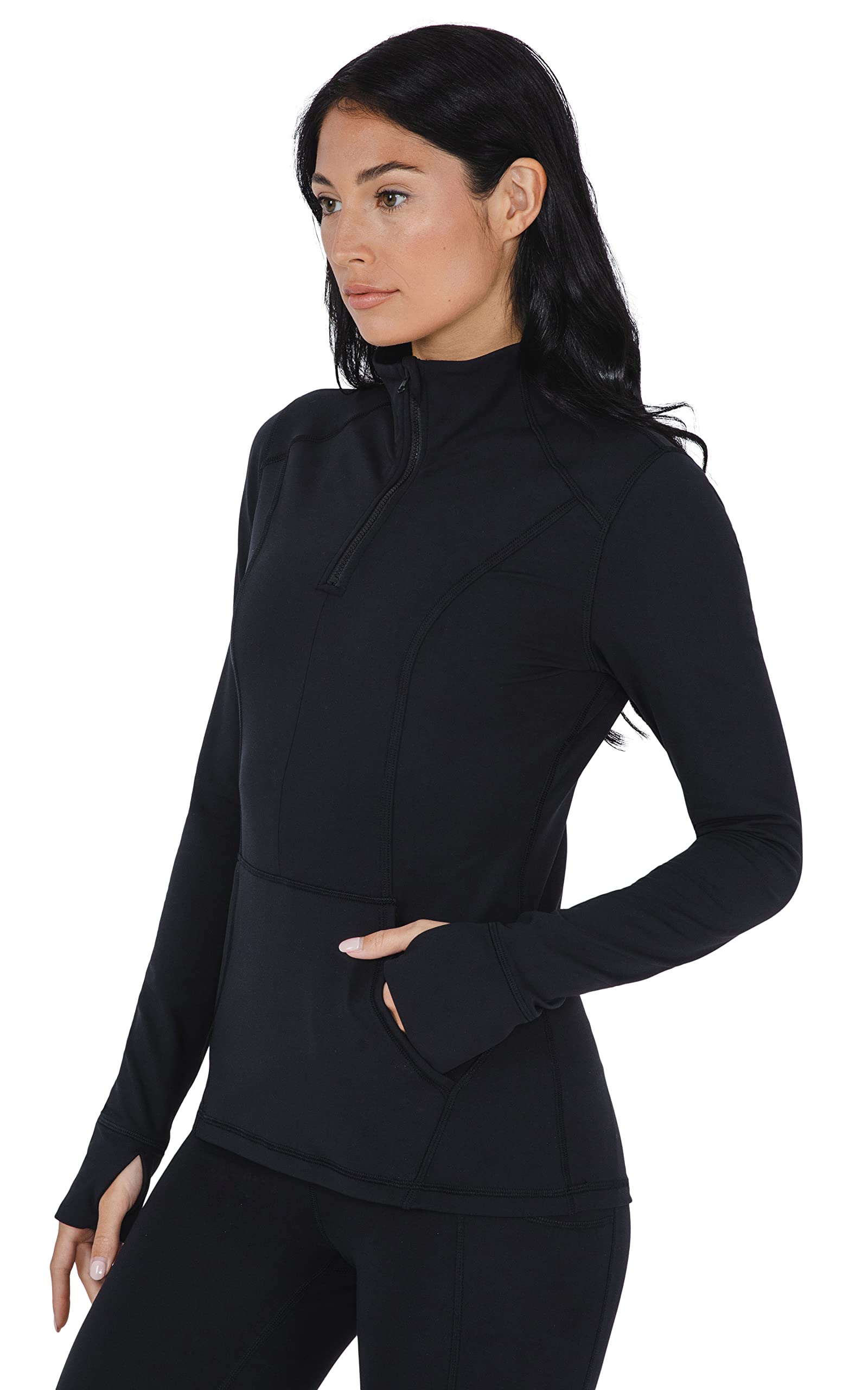 Yogalicious Nude Tech Half Zip Long Sleeve Jacket with Front Pockets - Black - Small