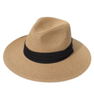 dreshow women panama hat fedora beach sun wide brim straw roll up hat upf 50+