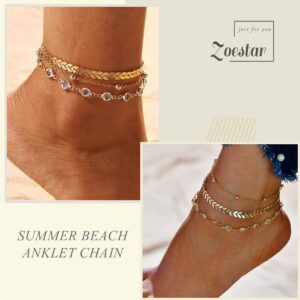 Zoestar Three-Layer Ankle Bracelet Gold Rhinestone Foot Chain Summer Sand Beach Anklet Foot Jewelry for Women(Color 1)