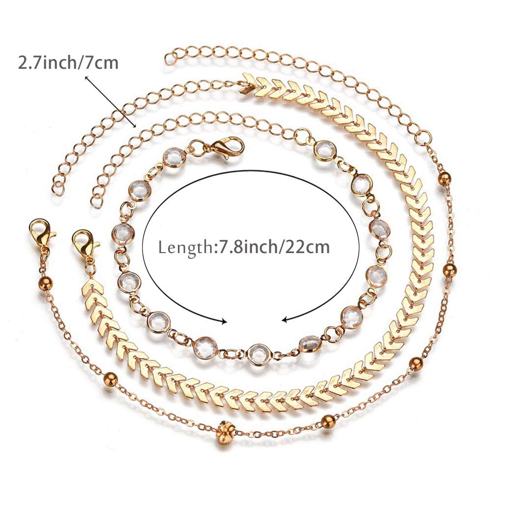 Zoestar Three-Layer Ankle Bracelet Gold Rhinestone Foot Chain Summer Sand Beach Anklet Foot Jewelry for Women(Color 1)