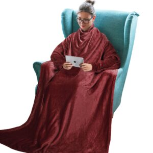 tirrinia wearable fleece blanket with sleeves for adult women men, super soft comfy plush tv blanket throw cuddly wrap cover for bed sofa and couch 73" x 51'' wine