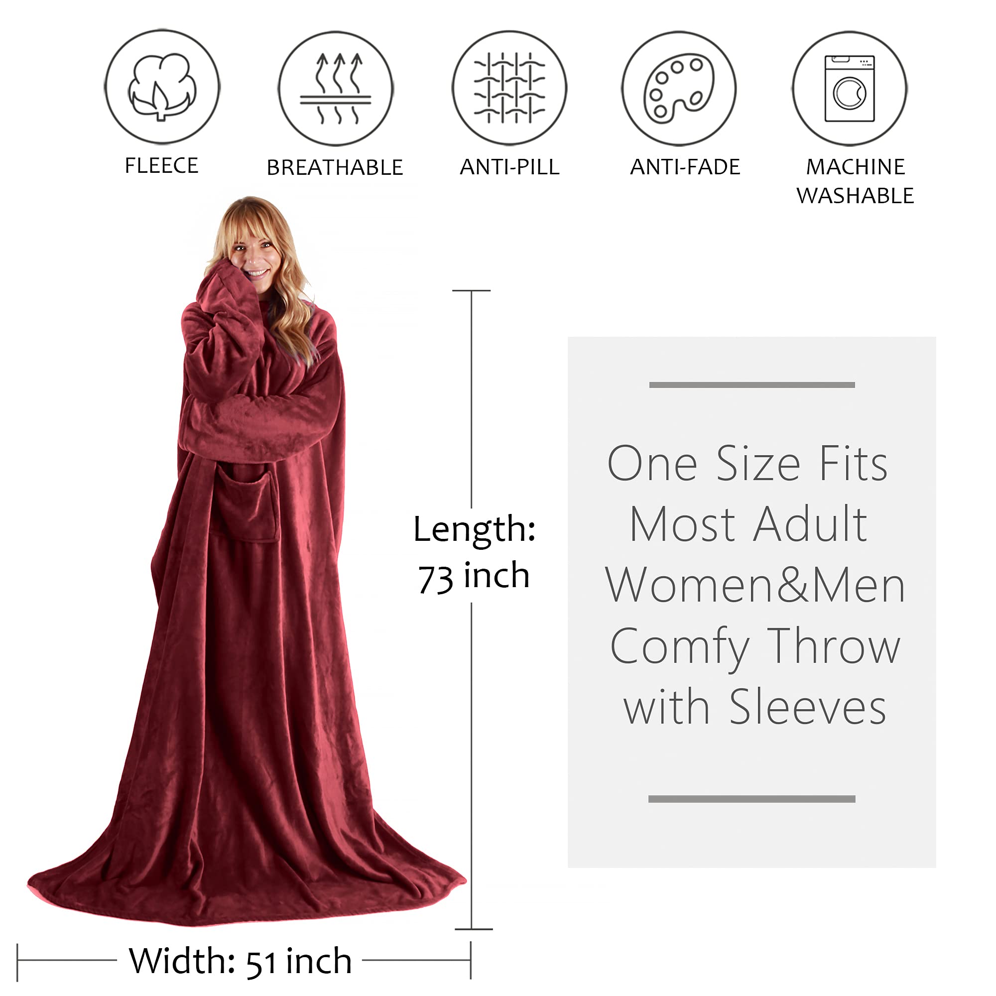 Tirrinia Wearable Fleece Blanket with Sleeves for Adult Women Men, Super Soft Comfy Plush TV Blanket Throw Cuddly Wrap Cover for Bed Sofa and Couch 73" x 51'' Wine