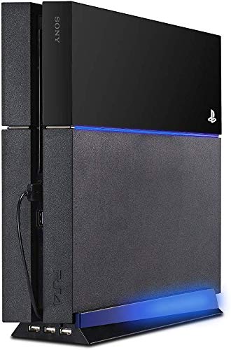 KlsyChry Stand with HUB & Blue Light for PS4, Blue Led Light Vertical Stand Base with 3 USB HUB Port for Sony Playstation 4 PS4 Console (Black)