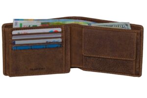 diloro mens buffalo leather wallet bifold flip id section coin rfid protection full grain credit card holder purse (dark hunter brown)