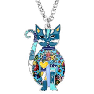 bonsny enamel alloy floral kitten cat necklace chain pendant fashion jewelry for women charm gift (blue)