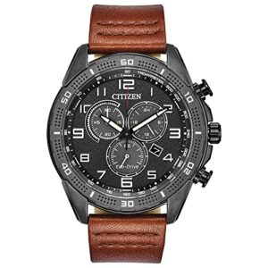 citizen men's eco-drive weekender chronograph watch in black ip stainless steel with brown leather strap, black dial (model: at2447-01e)