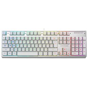 lumsburry white gaming keyboard, rainbow led backlit,19 anti-ghosting keys, usb wired, metal panel, ergonomic 104 keys, multimedia control, water-resistant, full size, for windows pc mac office gamer