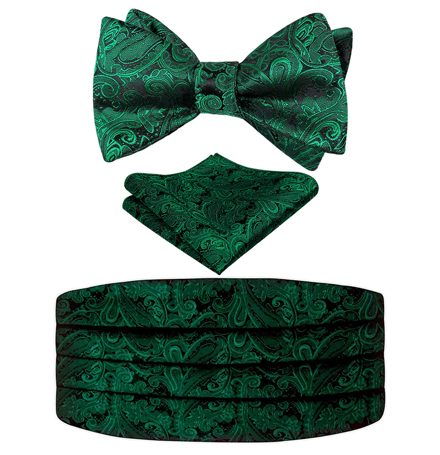 Alizeal Mens Classic Paisley Woven Self-tied Adjustable Bow Tie, Cummerbund and Pocket Square, Dark Green