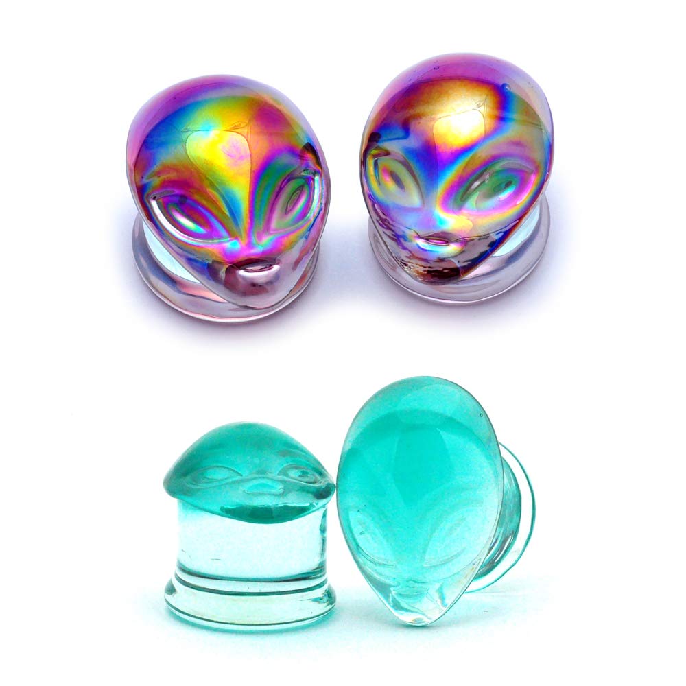 Mystic Metals Body Jewelry Set of 2 Pairs Alien Glass Plugs (Green and Iridescent Purple) - Sold as a Pair (00g (10mm))