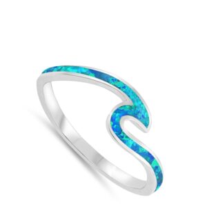 Blue Simulated Opal Wave Dainty Thumb Ocean Ring .925 Sterling Silver Band Size 11