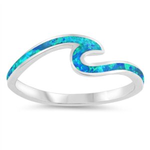 blue simulated opal wave dainty thumb ocean ring .925 sterling silver band size 11