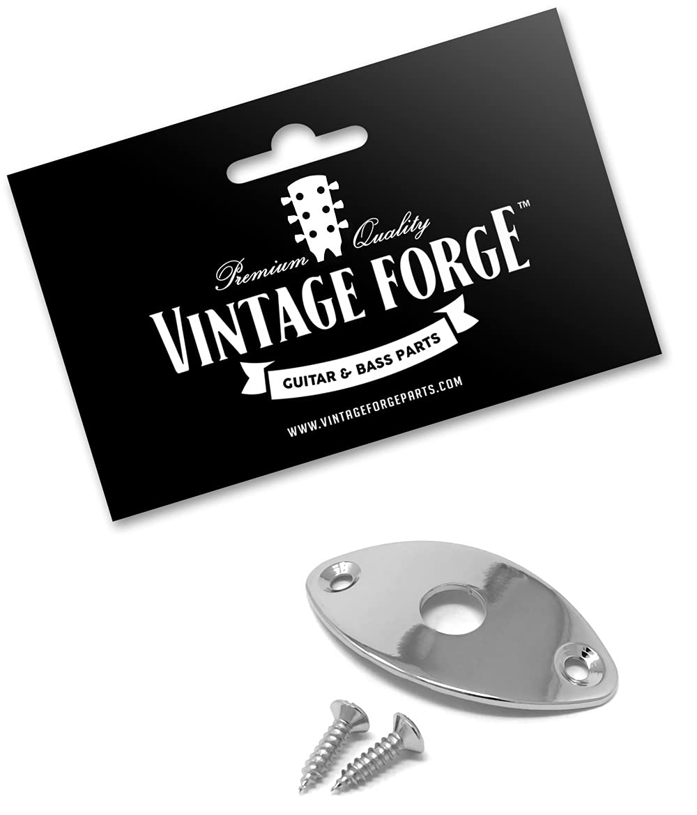 Vintage Forge Chrome Oval Jack Plate for Guitar and Bass with Screws Curved Metal Football Shape JPF30-CHR