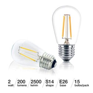 Brightech Ambience PRO Replacement LED Light Bulbs, 2 Watt Vintage LED Edison Bulbs, 2500K Warm White Dimmable Outdoor String Lights Bulbs, E26 Base - 15 Pack