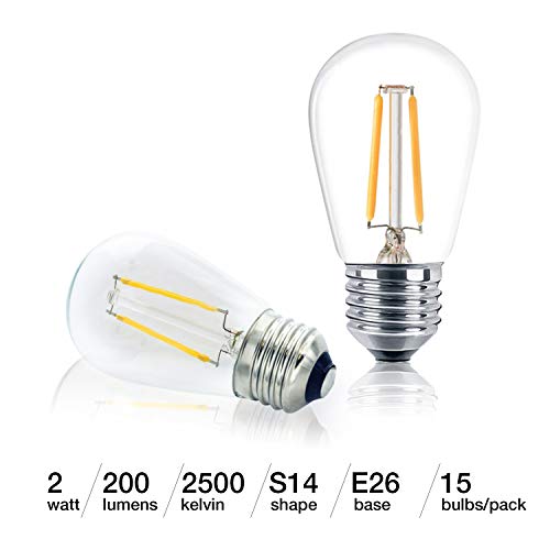 Brightech Ambience PRO Replacement LED Light Bulbs, 2 Watt Vintage LED Edison Bulbs, 2500K Warm White Dimmable Outdoor String Lights Bulbs, E26 Base - 15 Pack