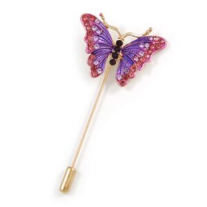 gold tone pink/purple enamel crystal butterfly lapel, hat, suit, tuxedo, collar, scarf, coat stick brooch pin - 63mm long