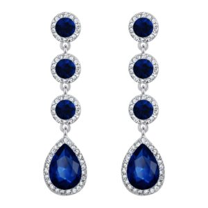 brilove wedding bridal dangle earrings for women elegant crystal teardrop chandelier earrings navy blue sapphire color silver-tone