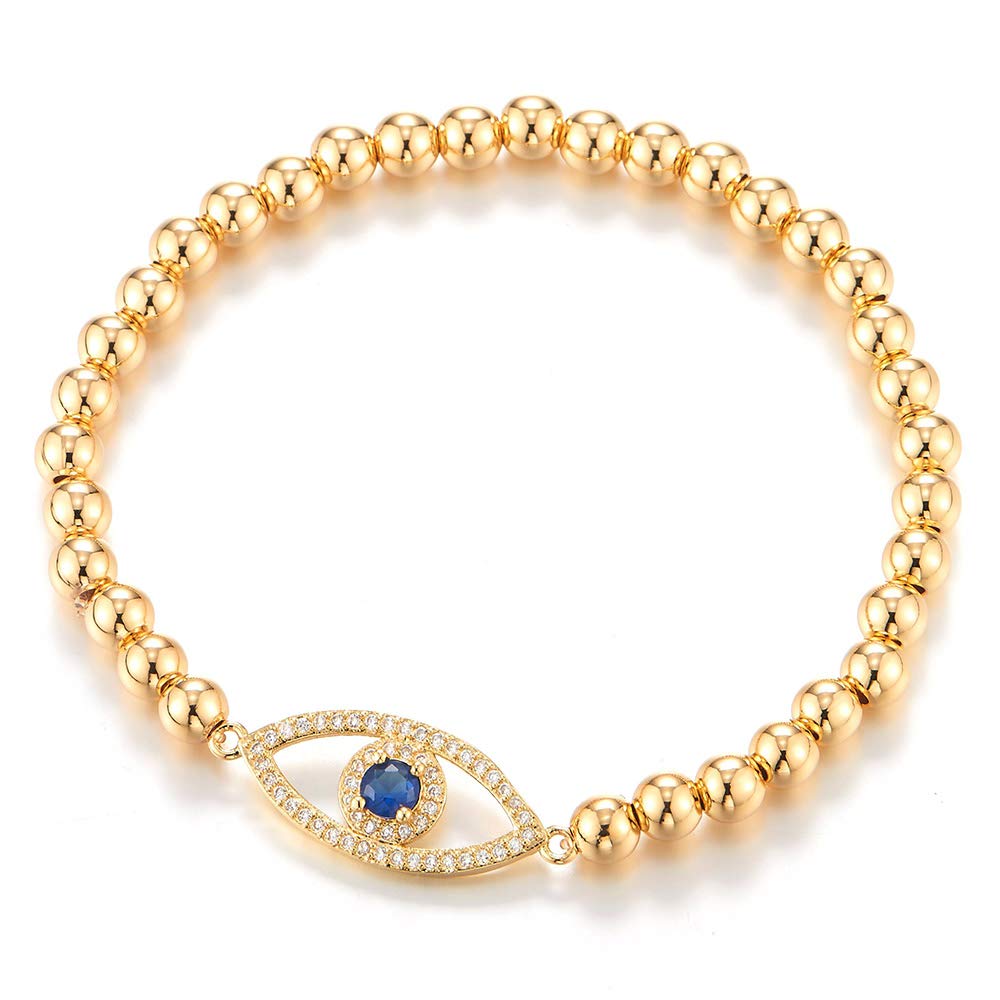 COOLSTEELANDBEYOND Gold Color Protection Evil Eye Beads Bracelet for Women with Blue and White Cubic Zirconia