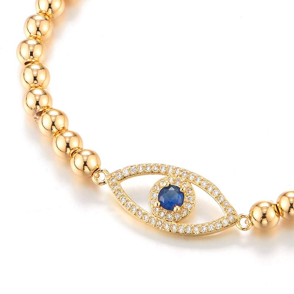 COOLSTEELANDBEYOND Gold Color Protection Evil Eye Beads Bracelet for Women with Blue and White Cubic Zirconia