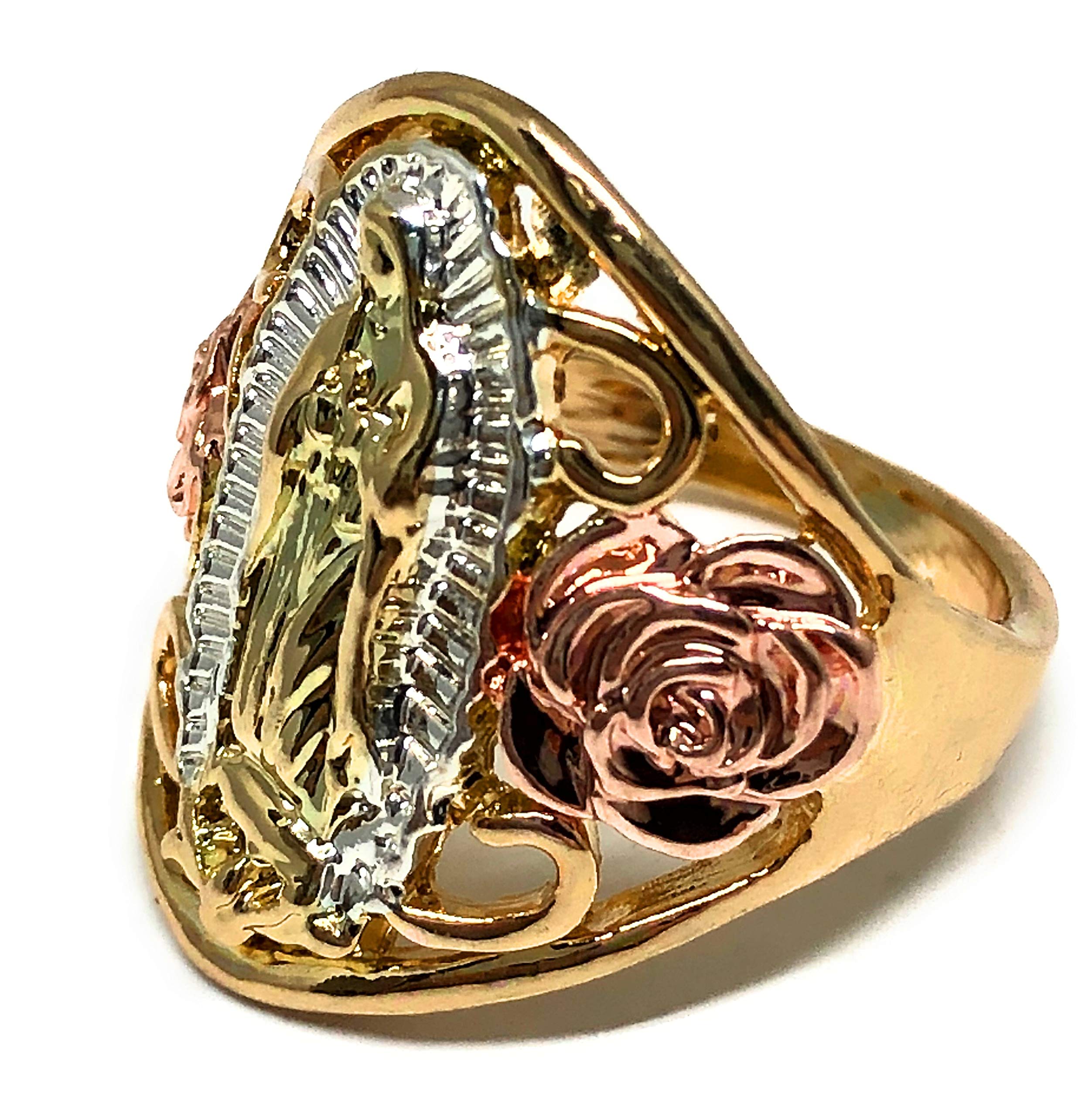 Fran & Co. Gold Plated Women's Tri-Color Virgin Mary Flower Ring Virgen de Guadalupe Anillo Flores (7)