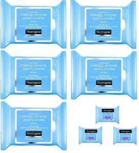 neutrogena makeup remover cleansing towelettes, daily face wipes to remove dirt, oil, makeup & waterproof mascara, 25 ct (5 pack + 3 bonus pouches)