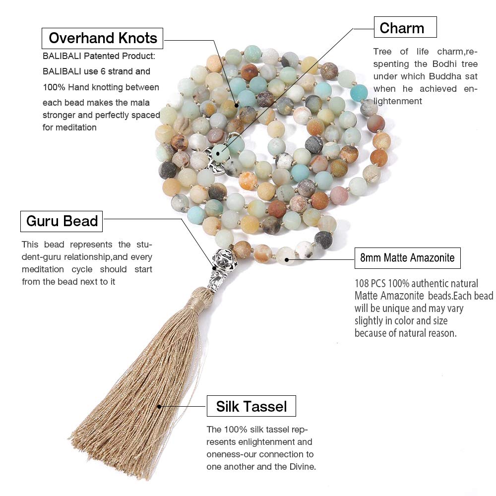 BALIBALI 108 Mala Beads Necklace Semi-Precious Gem Stones Meditation Necklace 108 Hand Knotted Japa Mala Beaded Tassel Necklace with Tree of Life Pendant