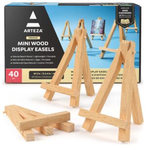 arteza 5 inch mini display wood easel, pack of 40 art supplies for displaying small canvases, business cards, photos