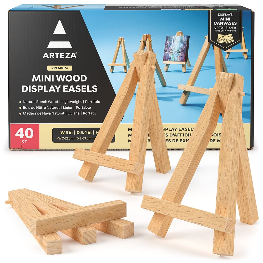 ARTEZA 5 Inch Mini Display Wood Easel, Pack of 40 Art Supplies for Displaying Small Canvases, Business Cards, Photos