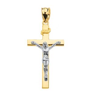 14k Two-Tone Yellow Gold Linear Cross INRI Crucifix Pendant Necklace (1.60"), 22"