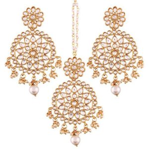 aheli ethnic faux kundan drop pearl beads dangle earrings maang tikka set bollyood wedding party fashion jewelry for women & girls (white drop pearls)