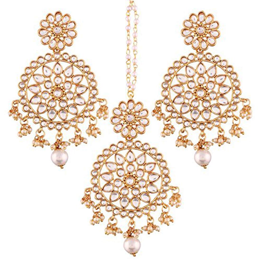 Aheli Ethnic Faux Kundan Drop Pearl Beads Dangle Earrings Maang Tikka Set Bollyood Wedding Party Fashion Jewelry for Women & Girls (White Drop Pearls)